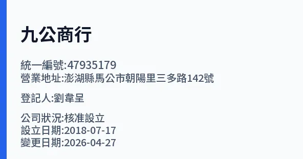 九公商行的照片-統編 47935179(澎湖縣) 公司登記資料與營業項目詳細圖表