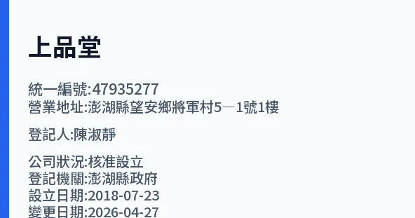 上品堂的照片-統編 47935277(澎湖縣) 公司登記資料與營業項目詳細圖表