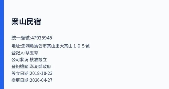 案山民宿的照片-統編 47935945(澎湖縣) 公司登記資料與營業項目詳細圖表