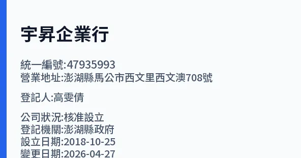 宇昇企業行的照片-統編 47935993(澎湖縣) 公司登記資料與營業項目詳細圖表