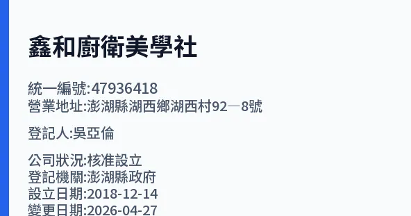 鑫和廚衛美學社的照片-統編 47936418(澎湖縣) 公司登記資料與營業項目詳細圖表