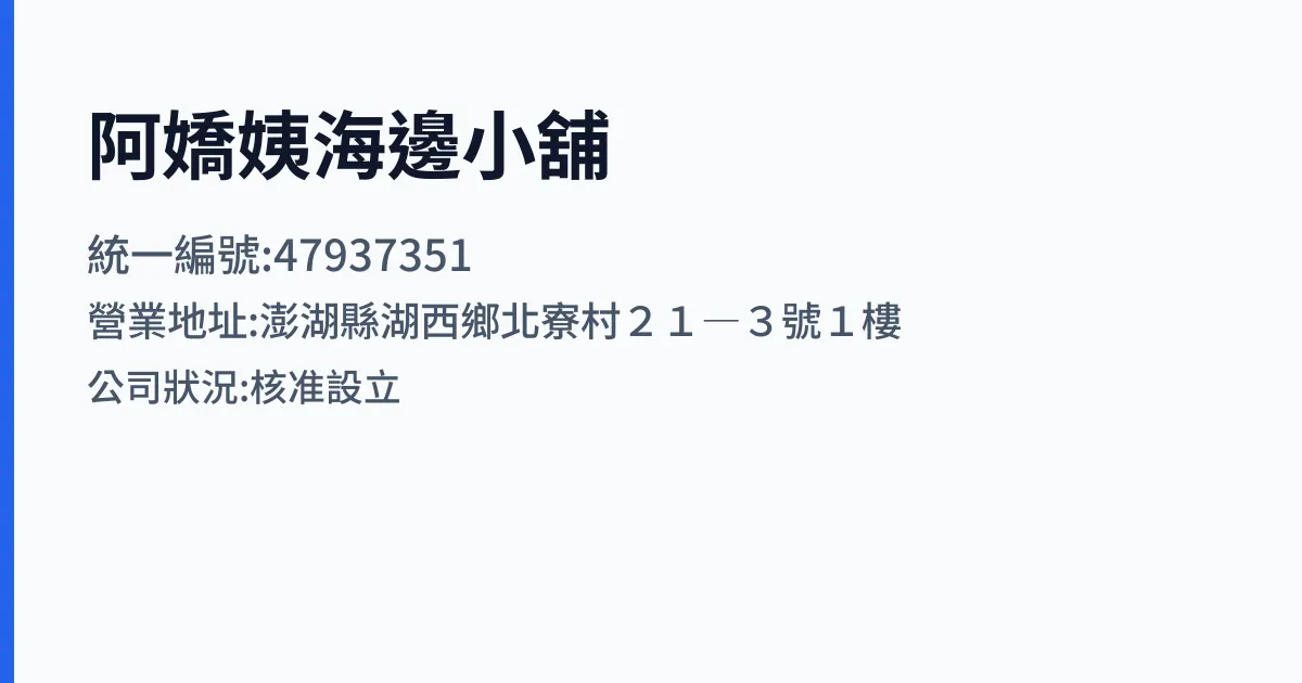 阿嬌姨海邊小舖 - 統編 47937351(澎湖縣) 公司登記資料與營業項目詳細圖表