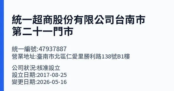 統一超商股份有限公司台南市第二十一門市的照片-統編 47937887(臺南市) 公司登記資料與營業項目詳細圖表