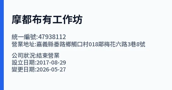 摩都布有工作坊的照片-統編 47938112(嘉義縣) 公司登記資料與營業項目詳細圖表