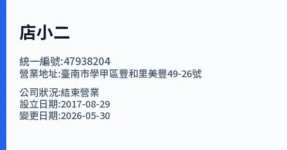 店小二的照片-統編 47938204(臺南市) 公司登記資料與營業項目詳細圖表