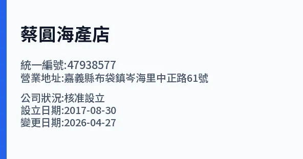 蔡圓海產店的照片-統編 47938577(嘉義縣) 公司登記資料與營業項目詳細圖表