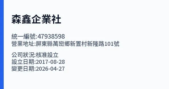 森鑫企業社的照片-統編 47938598(屏東縣) 公司登記資料與營業項目詳細圖表