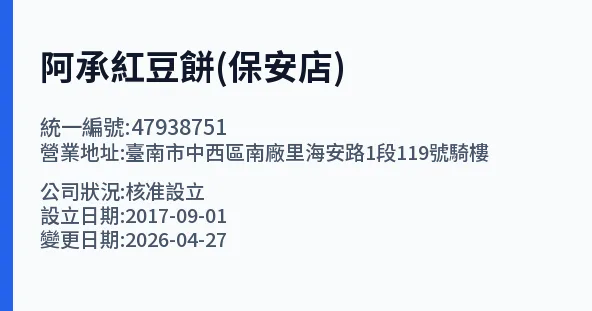 阿承紅豆餅(保安店)的照片-統編 47938751(臺南市) 公司登記資料與營業項目詳細圖表