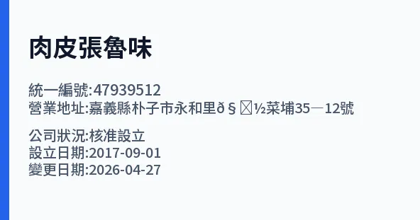肉皮張魯味的照片-統編 47939512(嘉義縣) 公司登記資料與營業項目詳細圖表