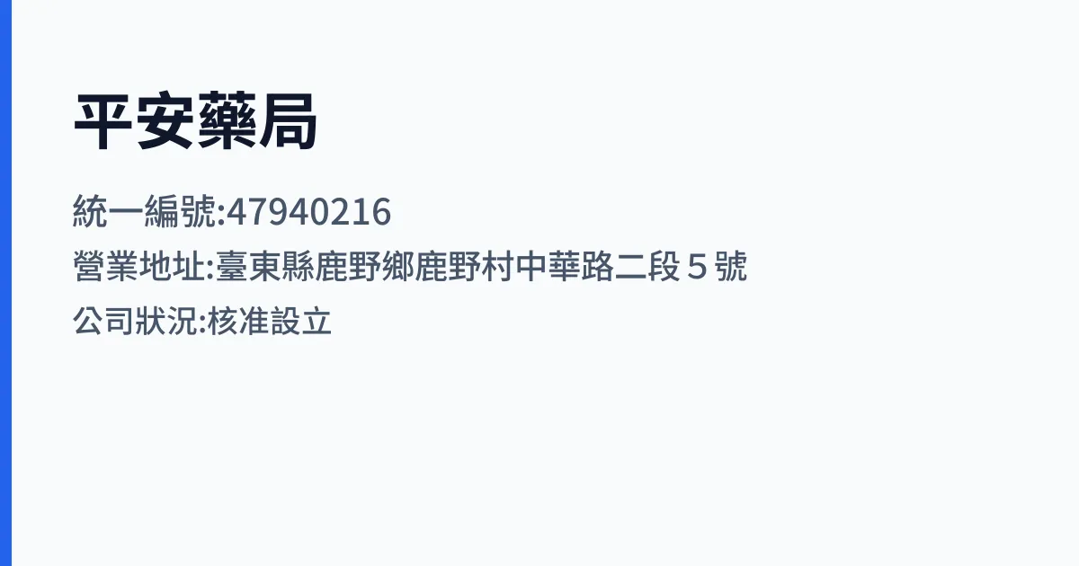 平安藥局 - 統編 47940216(臺東縣) 公司登記資料與營業項目詳細圖表