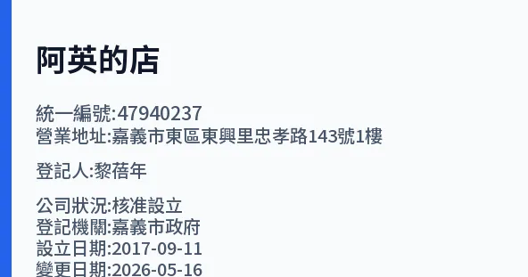 阿英的店的照片-統編 47940237(嘉義市) 公司登記資料與營業項目詳細圖表