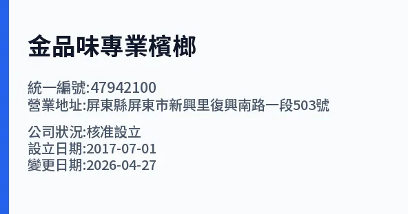 金品味專業檳榔的照片-統編 47942100(屏東縣) 公司登記資料與營業項目詳細圖表