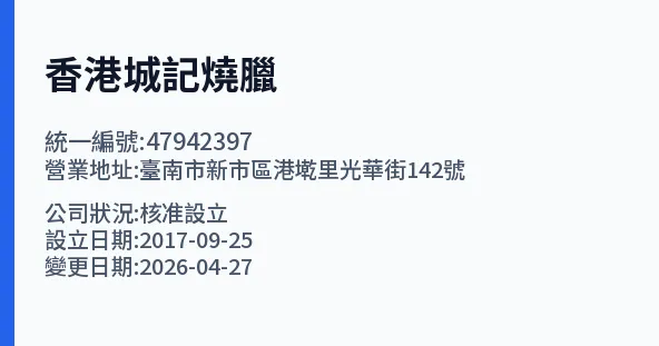 香港城記燒臘的照片-統編 47942397(臺南市) 公司登記資料與營業項目詳細圖表