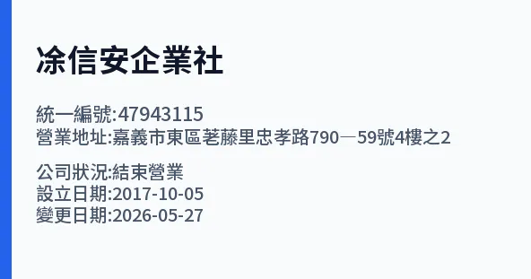凃信安企業社的照片-統編 47943115(嘉義市) 公司登記資料與營業項目詳細圖表