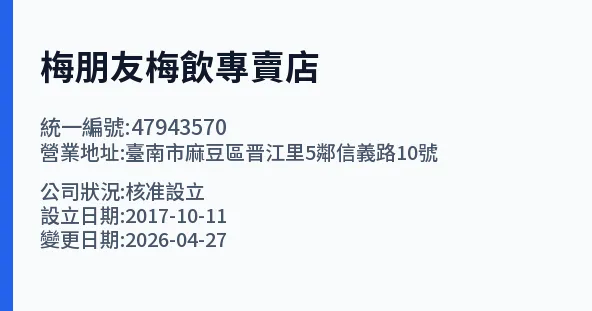 梅朋友梅飲專賣店的照片-統編 47943570(臺南市) 公司登記資料與營業項目詳細圖表