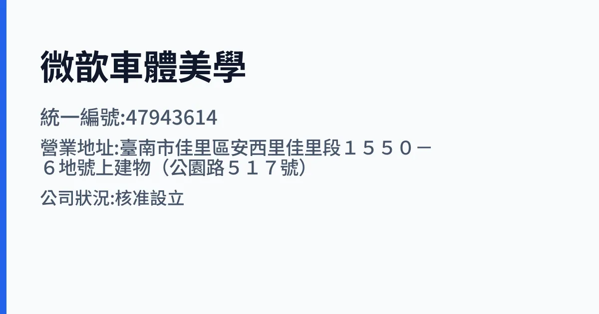 微歆車體美學 - 統編 47943614(臺南市) 公司登記資料與營業項目詳細圖表