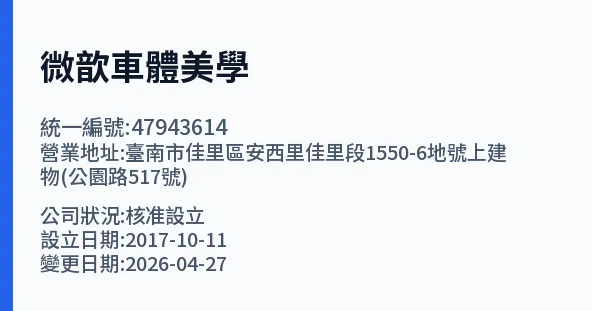 微歆車體美學的照片-統編 47943614(臺南市) 公司登記資料與營業項目詳細圖表