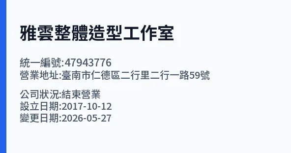 雅雲整體造型工作室的照片-統編 47943776(臺南市) 公司登記資料與營業項目詳細圖表