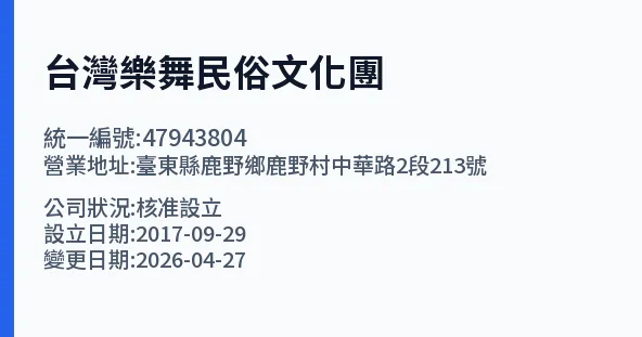 台灣樂舞民俗文化團的照片-統編 47943804(臺東縣) 公司登記資料與營業項目詳細圖表
