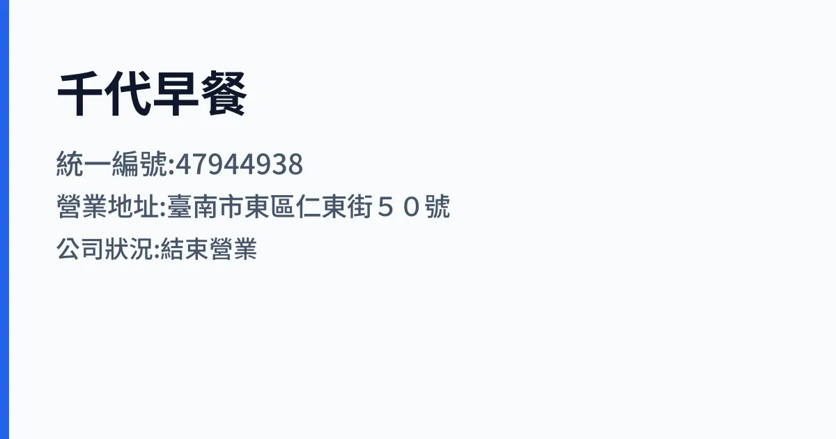 千代早餐 - 統編 47944938(臺南市) 公司登記資料與營業項目詳細圖表