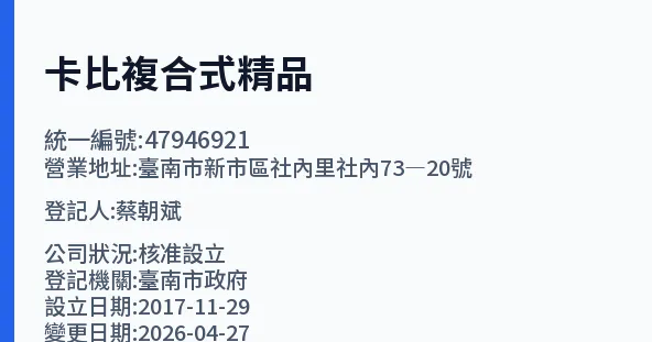 卡比複合式精品的照片-統編 47946921(臺南市) 公司登記資料與營業項目詳細圖表