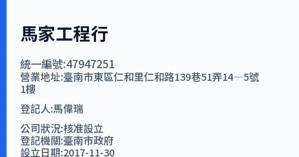 馬家工程行的照片-統編 47947251(臺南市) 公司登記資料與營業項目詳細圖表