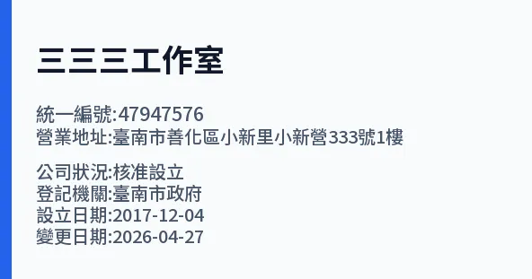 三三三工作室的照片-統編 47947576(臺南市) 公司登記資料與營業項目詳細圖表