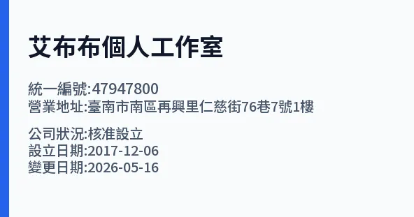 艾布布個人工作室的照片-統編 47947800(臺南市) 公司登記資料與營業項目詳細圖表