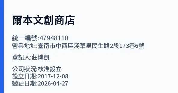 爾本文創商店的照片-統編 47948110(臺南市) 公司登記資料與營業項目詳細圖表