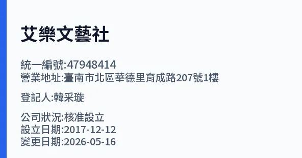 艾樂文藝社的照片-統編 47948414(臺南市) 公司登記資料與營業項目詳細圖表