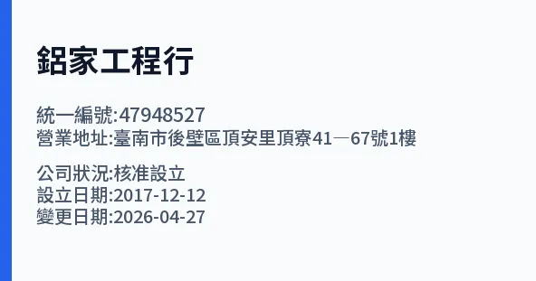 鋁家工程行的照片-統編 47948527(臺南市) 公司登記資料與營業項目詳細圖表