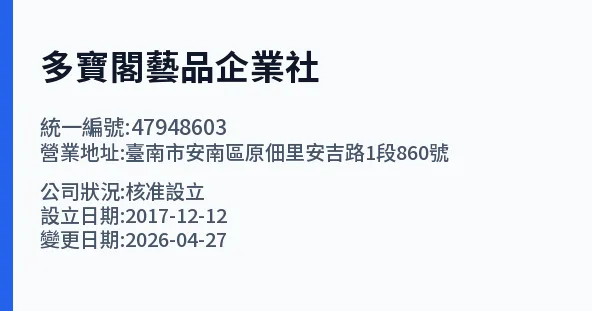 多寶閣藝品企業社的照片-統編 47948603(臺南市) 公司登記資料與營業項目詳細圖表