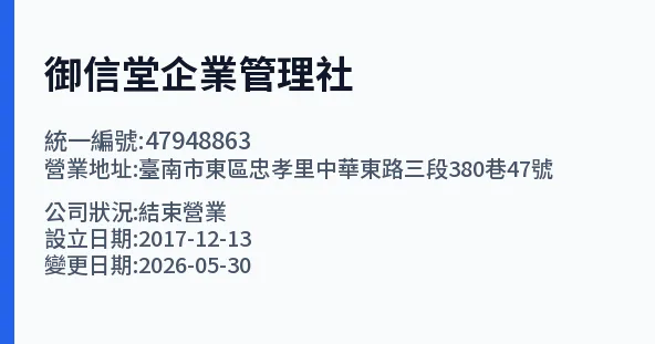 御信堂企業管理社的照片-統編 47948863(臺南市) 公司登記資料與營業項目詳細圖表
