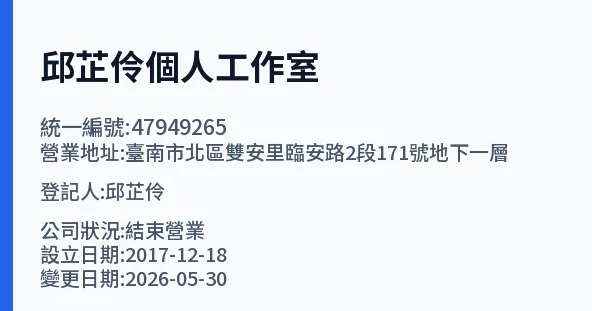邱芷伶個人工作室的照片-統編 47949265(臺南市) 公司登記資料與營業項目詳細圖表