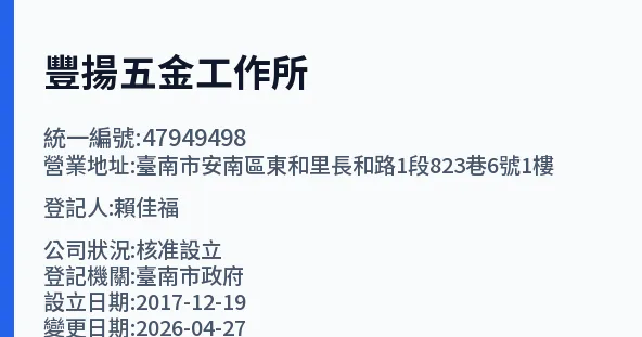 豐揚五金工作所的照片-統編 47949498(臺南市) 公司登記資料與營業項目詳細圖表