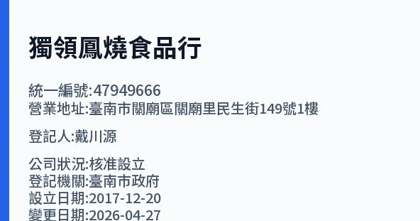 獨領鳳燒食品行的照片-統編 47949666(臺南市) 公司登記資料與營業項目詳細圖表