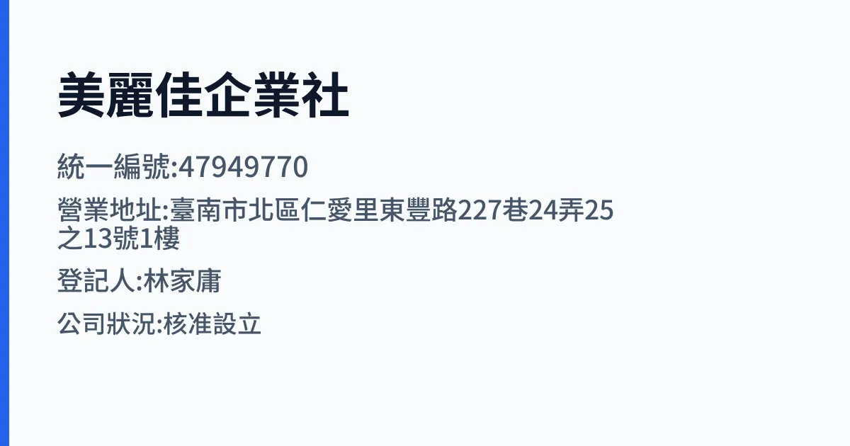 美麗佳企業社 - 統編 47949770(臺南市) 公司登記資料與營業項目詳細圖表