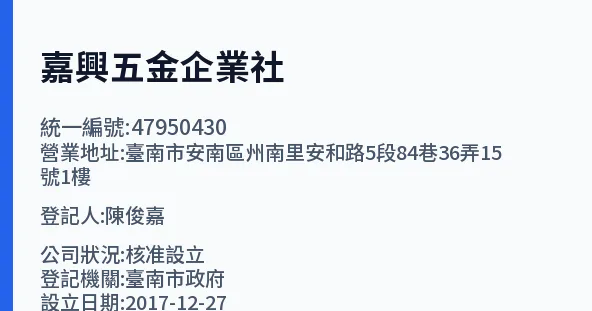 嘉興五金企業社的照片-統編 47950430(臺南市) 公司登記資料與營業項目詳細圖表