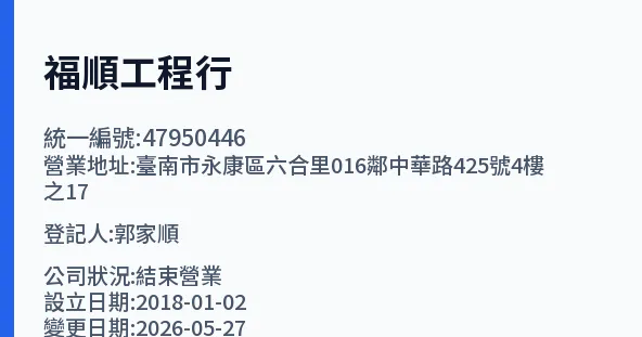 福順工程行的照片-統編 47950446(臺南市) 公司登記資料與營業項目詳細圖表