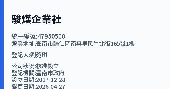 駿熯企業社的照片-統編 47950500(臺南市) 公司登記資料與營業項目詳細圖表