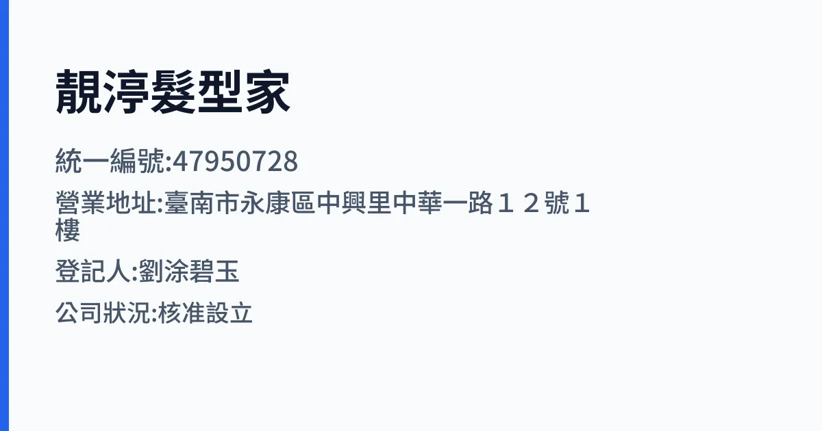 靚渟髮型家 - 統編 47950728(臺南市) 公司登記資料與營業項目詳細圖表