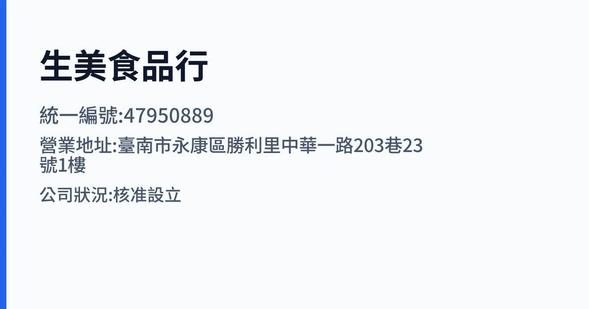 生美食品行 - 統編 47950889(臺南市) 公司登記資料與營業項目詳細圖表