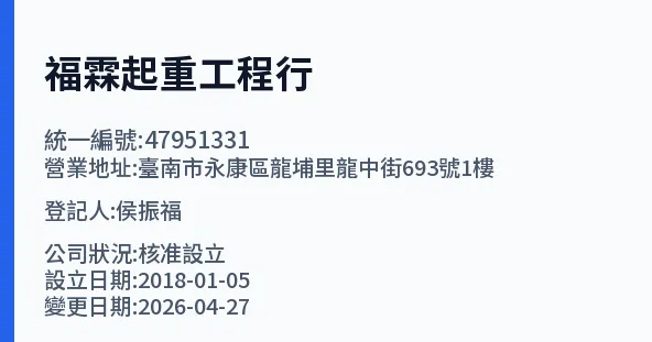 福霖起重工程行的照片-統編 47951331(臺南市) 公司登記資料與營業項目詳細圖表