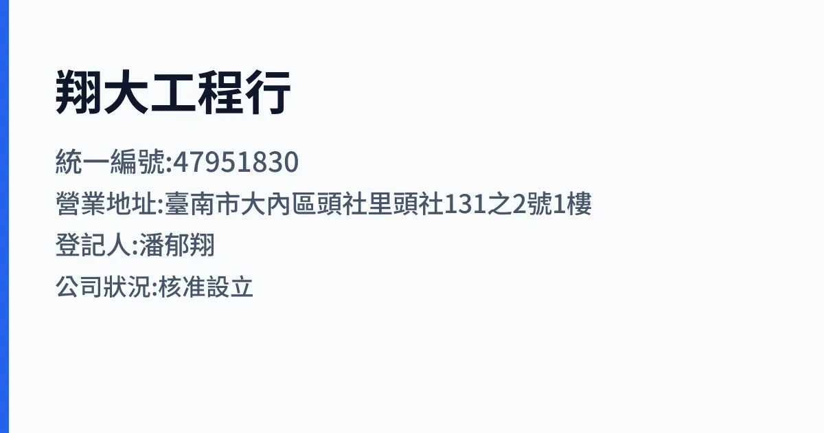 翔大工程行 - 統編 47951830（臺南市） 公司登記資料與營業項目詳細圖表