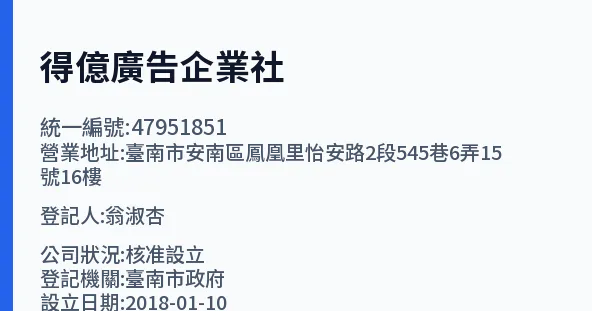 得億廣告企業社的照片-統編 47951851(臺南市) 公司登記資料與營業項目詳細圖表