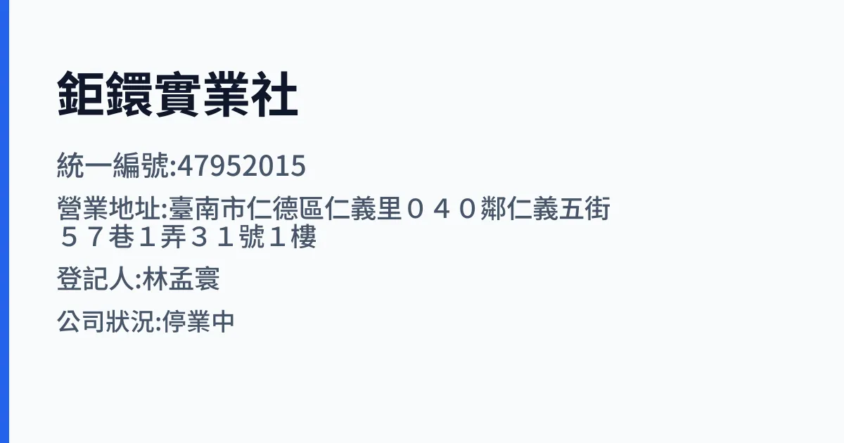 鉅鐶實業社 - 統編 47952015(臺南市) 公司登記資料與營業項目詳細圖表