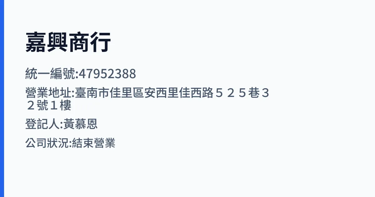 嘉興商行 - 統編 47952388(臺南市) 公司登記資料與營業項目詳細圖表