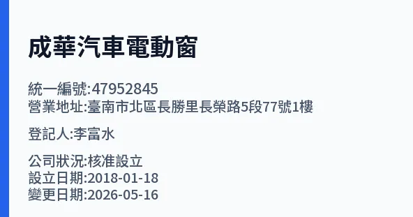 成華汽車電動窗的照片-統編 47952845(臺南市) 公司登記資料與營業項目詳細圖表
