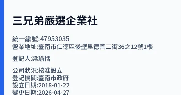 三兄弟嚴選企業社的照片-統編 47953035(臺南市) 公司登記資料與營業項目詳細圖表