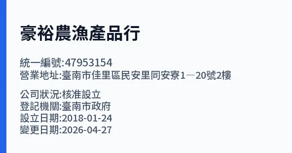 豪裕農漁產品行的照片-統編 47953154(臺南市) 公司登記資料與營業項目詳細圖表